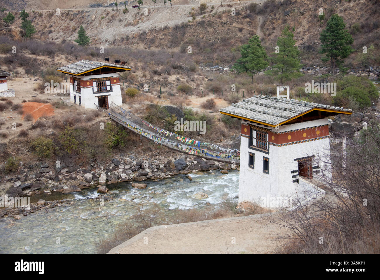 Chain bridge over river near Thimphu Bhutan South Asia. Horizontal view ...