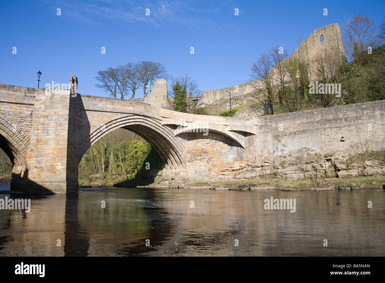 England UK March View across River Tees to the ruins of the Norman ...