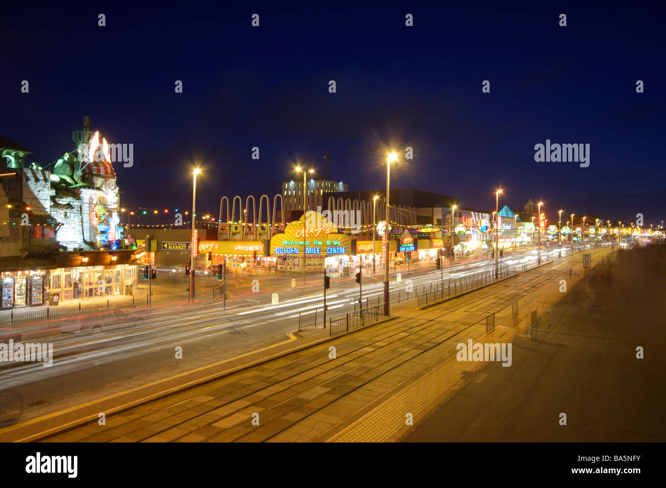 blackpool promenade at night showing tram tracks Stock Photo - Alamy