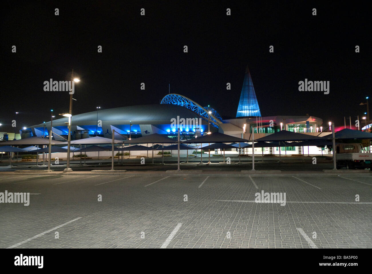 Shopping center and tower sports centre at night, Doha Qatar Middle ...