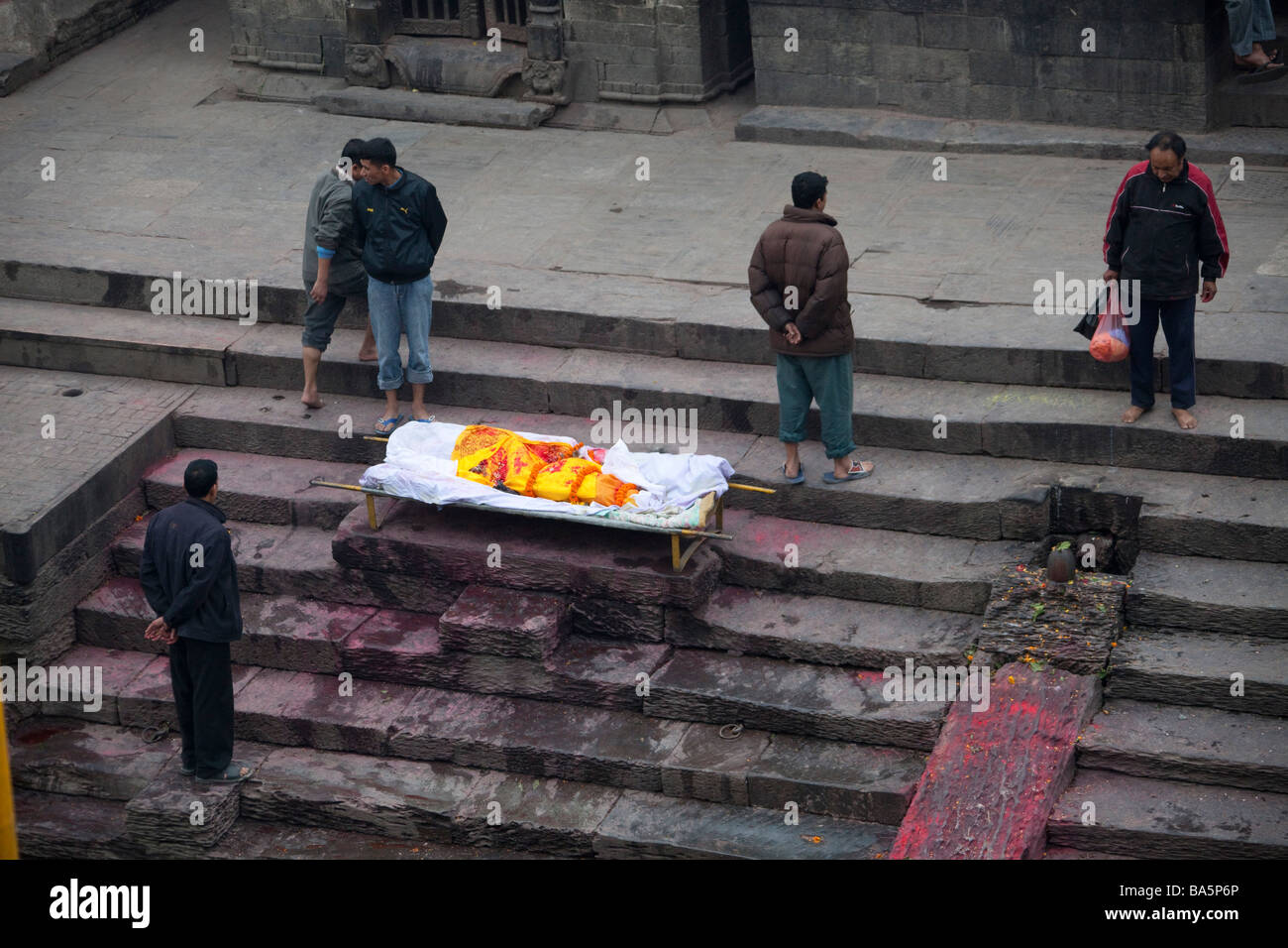 Human body ready to be burnt on cremation Ghats, Bagmati riverbank at ...