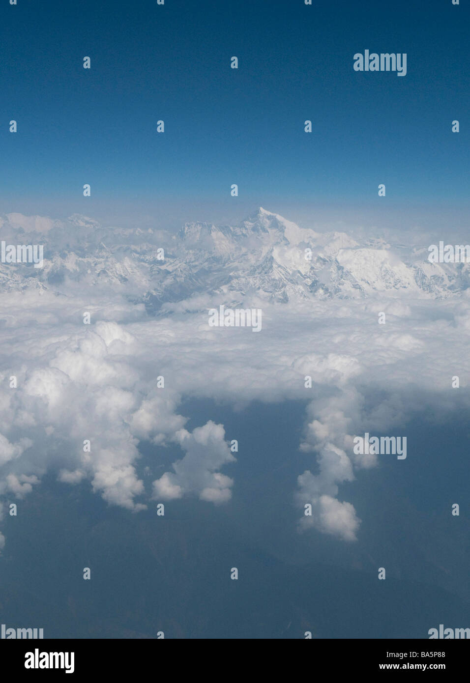 Mount Everest summit aerial view taken from aircraft Nepalese Himalayas ...