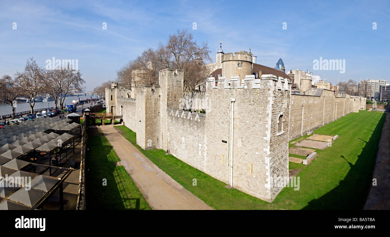 Wide angle shot of the Tower of London s exterior fortifications and ...