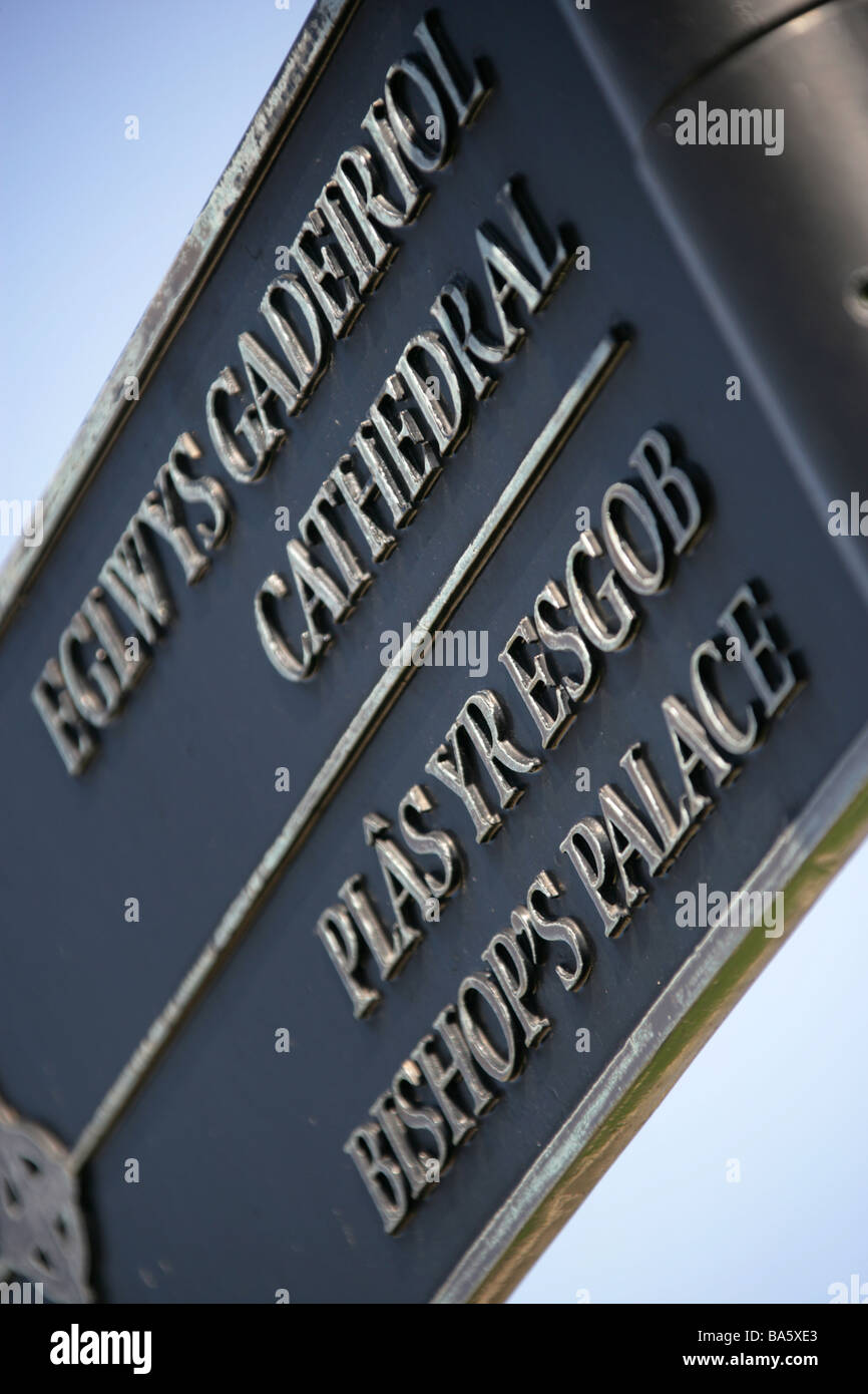 City of St David’s, Wales. Angled close up view of a Welsh and English ...