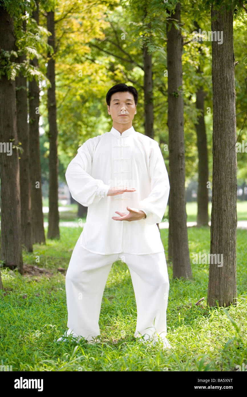 Man practicing Tai Chi amongst trees portrait Stock Photo - Alamy