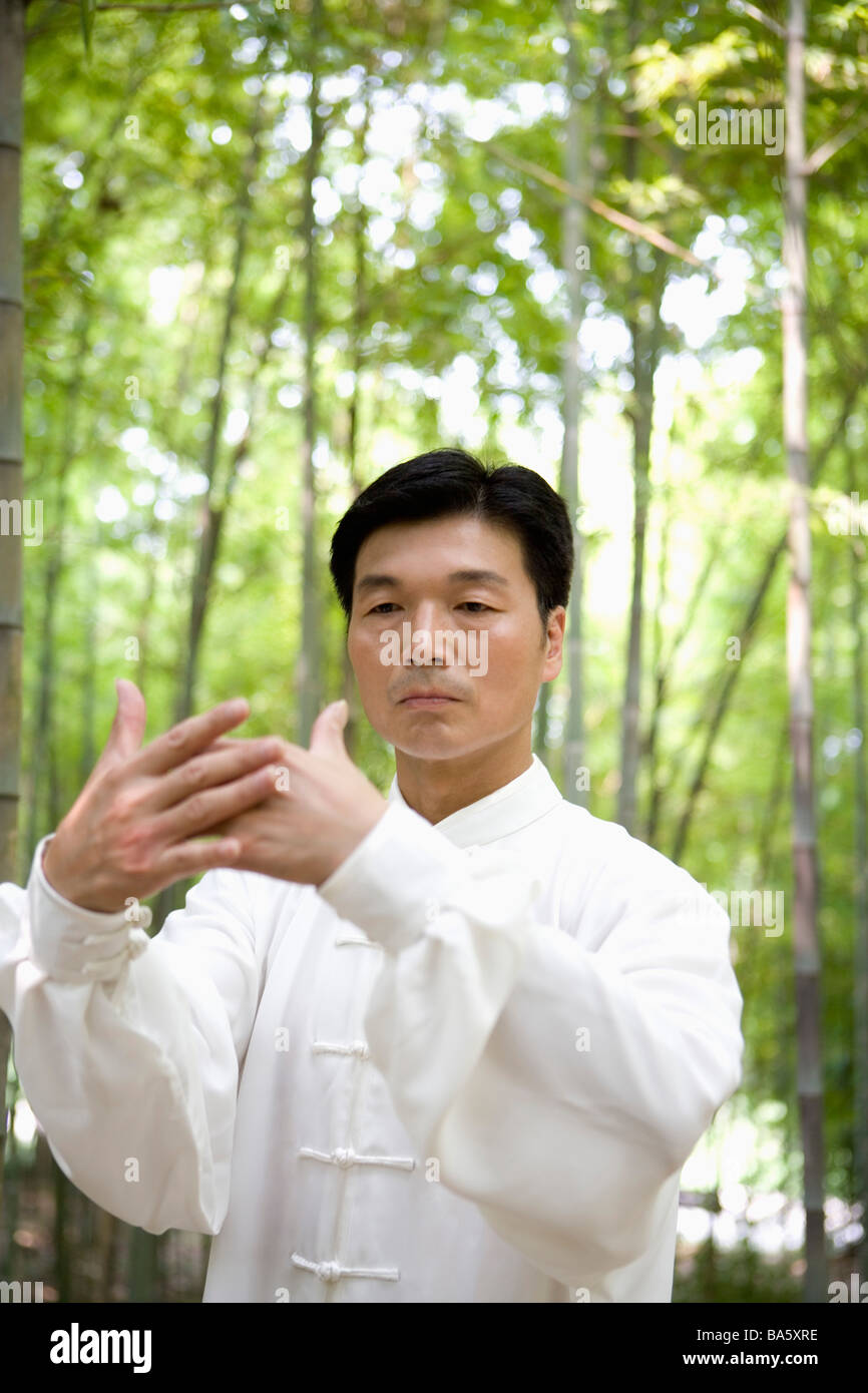 Man practicing Tai Chi amongst trees portrait Stock Photo - Alamy