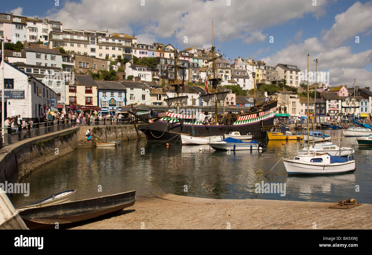 A replica square rigged ship is a tourist attraction in Brixham harbour ...