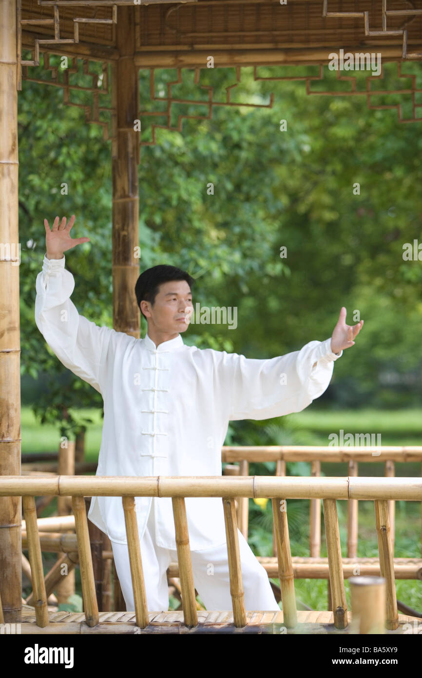 Man practicing Tai Chi in bamboo pavilion Stock Photo - Alamy