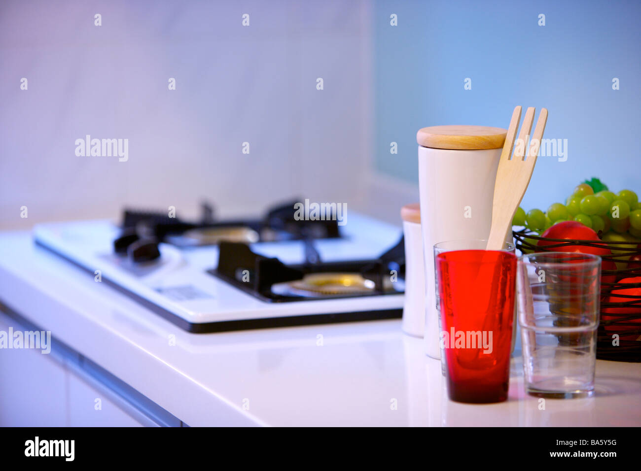 Kitchen counter with gas stove burner and food Stock Photo - Alamy