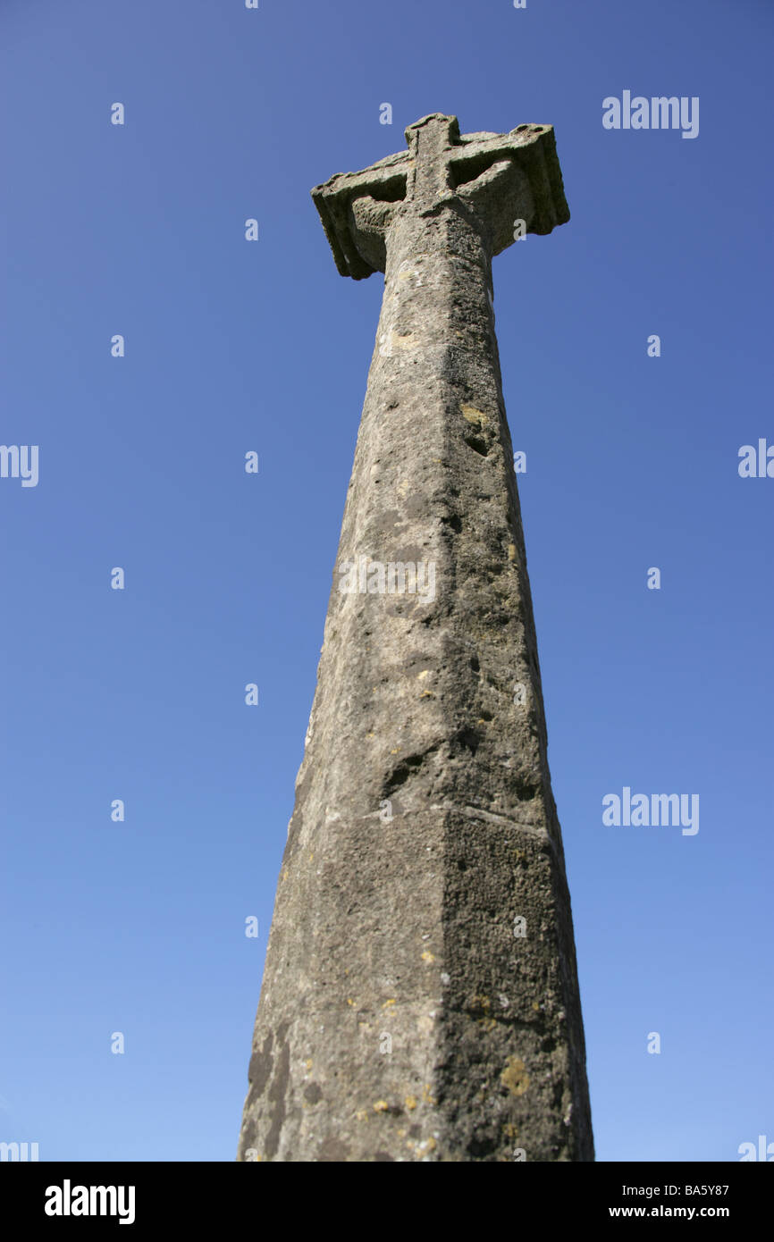 City of St David’s, Wales. Low angled view of the medieval stone cross ...