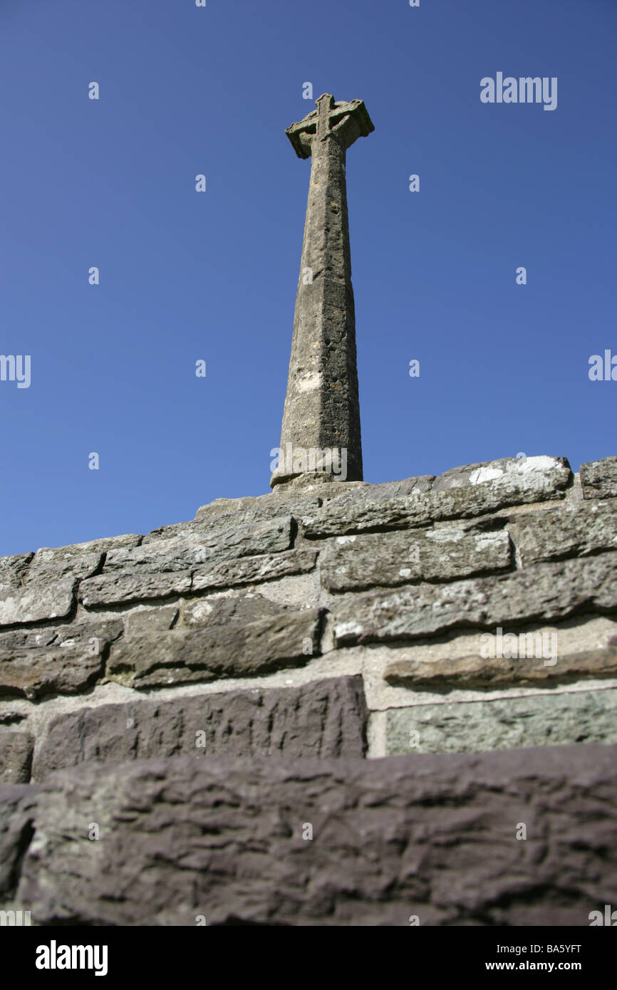 City of St David’s, Wales. Low angled view of the medieval stone cross ...