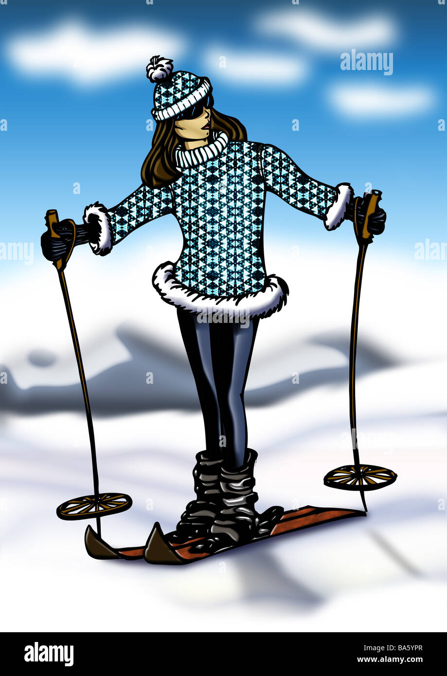 Illustration ski-chauffeuse drawing mountains track woman ski-clothing ...