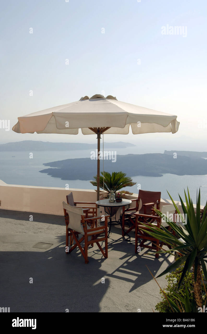 Greece Kykladen island Santorin terrace seat-group parasol Europe ...