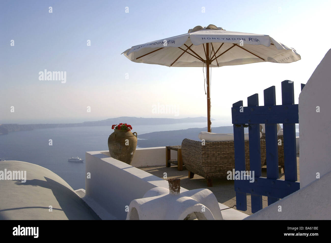 Greece Kykladen island Santorin terrace seat-group parasol Europe ...