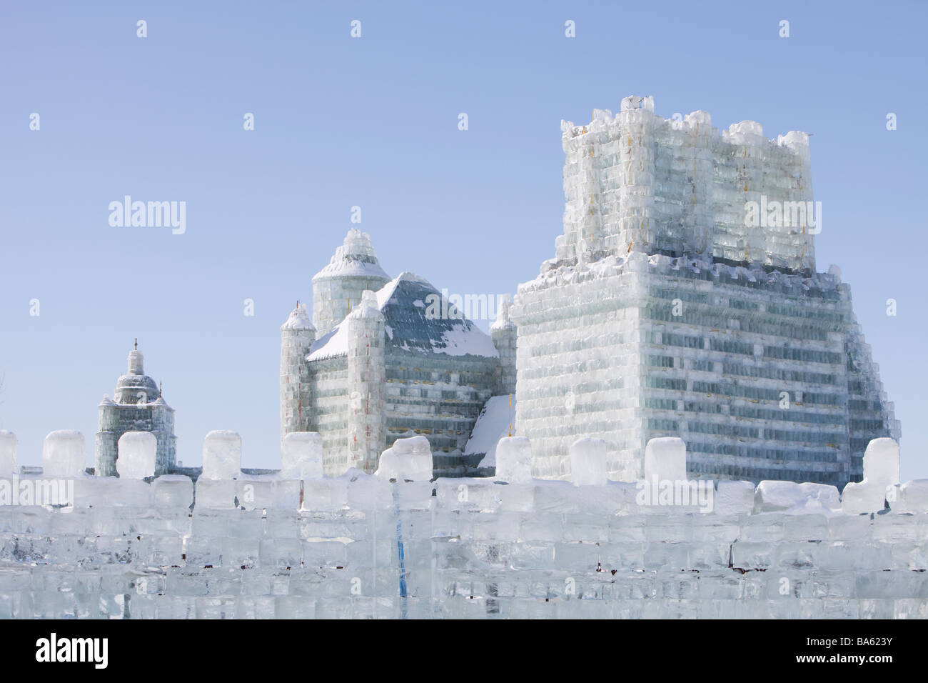 An ice palace built with blocks of ice from the Songhue river in Harbin ...