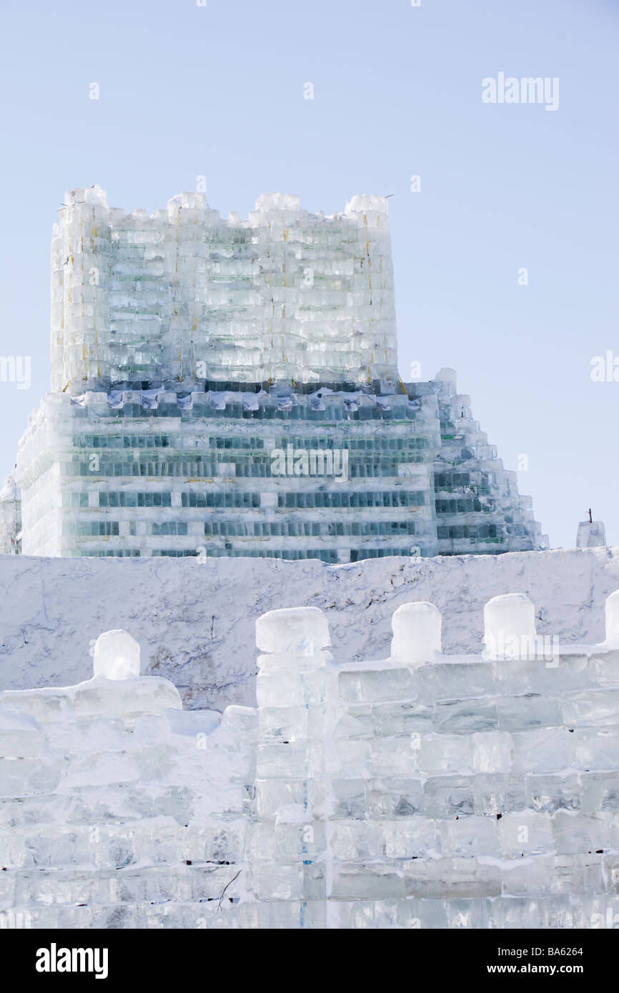 An ice palace built with blocks of ice from the Songhue river in Harbin ...