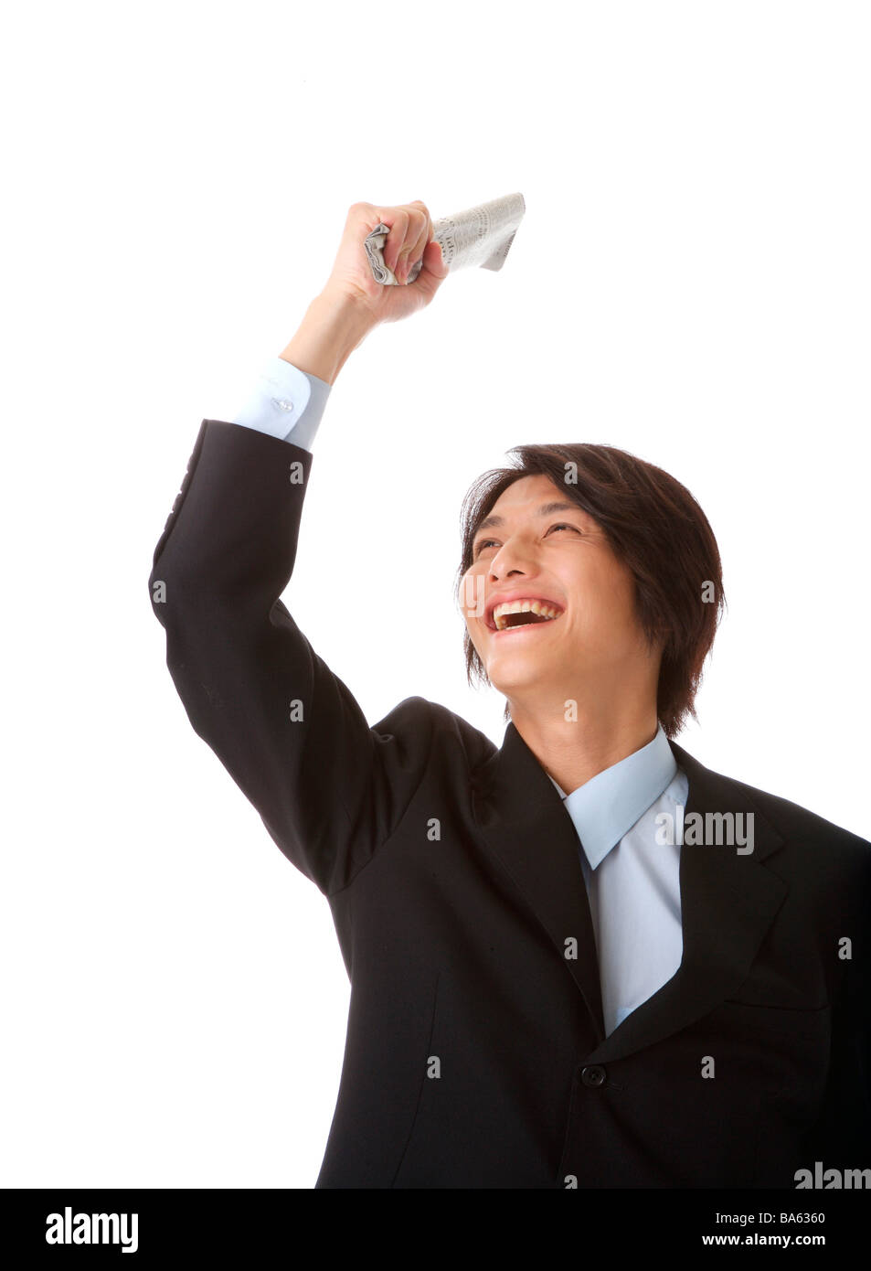 Portrait of businessman gesturing victory fist raised Stock Photo - Alamy