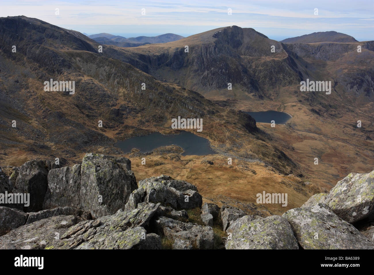 The peaks of Glyder Fawr and Y Garn, viewed across Cwm Bochlwyd and Cwm ...