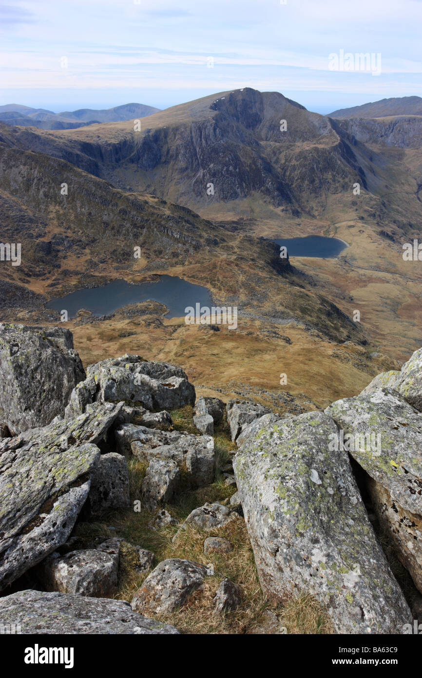 The mountain of Y Garn, viewed across Cwm Bochlwyd and Cwm Idwal from ...