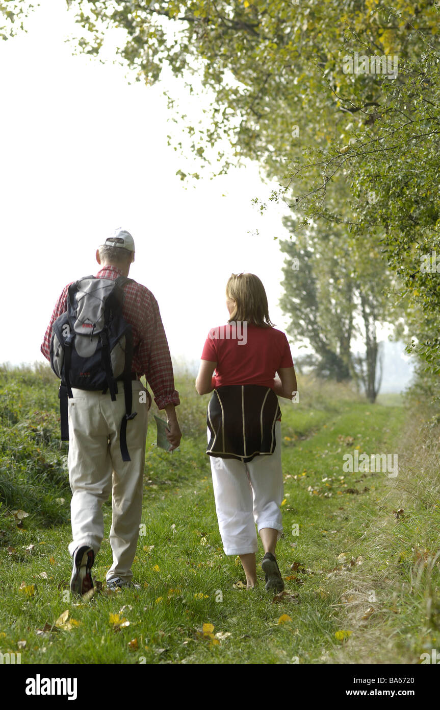 Forest-edge senior-pair hiking back-opinion autumn series people 50-60 ...
