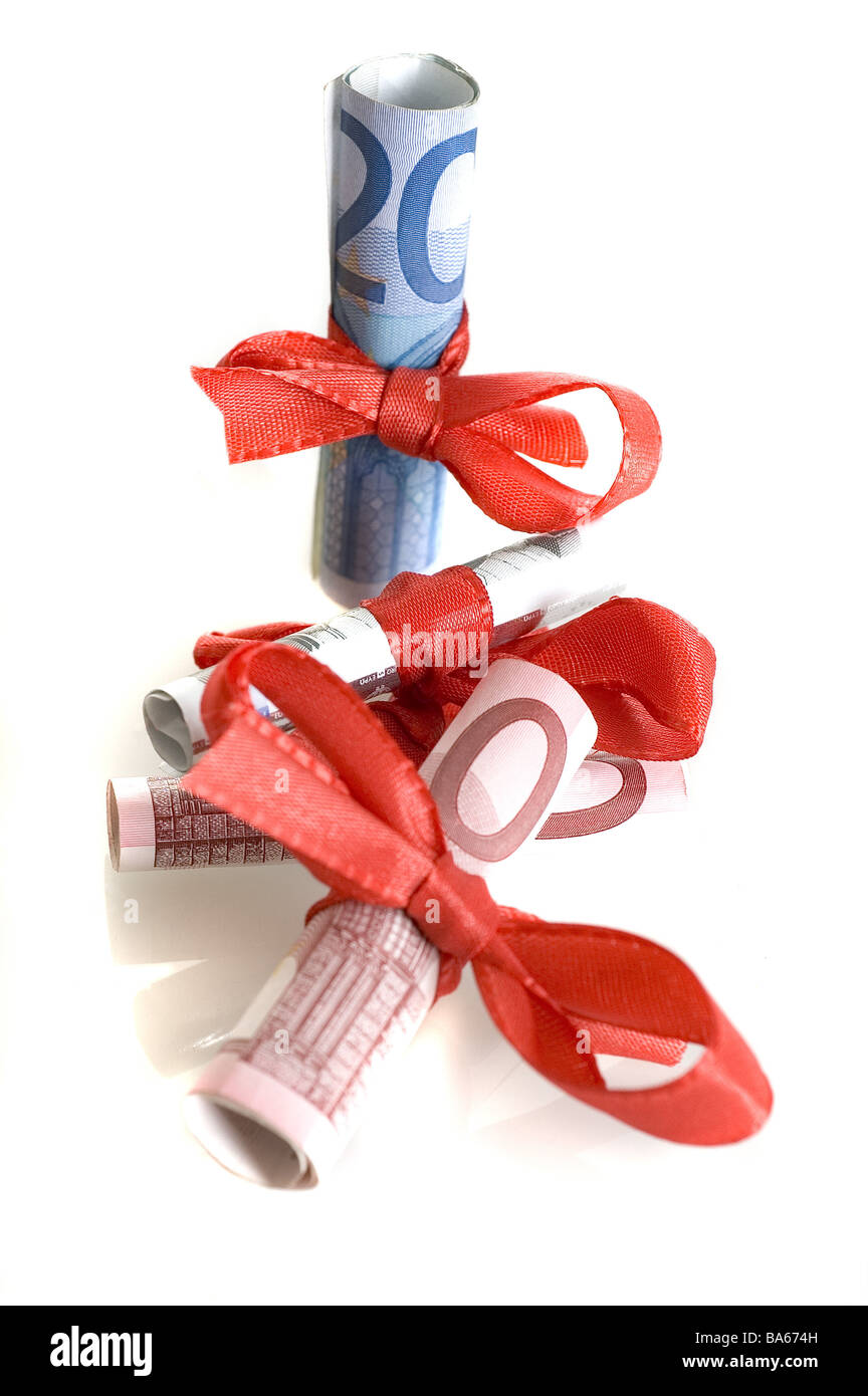 Gift bills bows red cash Euro-appearance Euro money rolled up symbol ...