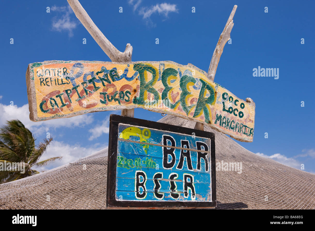 Mexico, state of Quintana Roo, Tulum, sign of a bar on the beach Stock ...