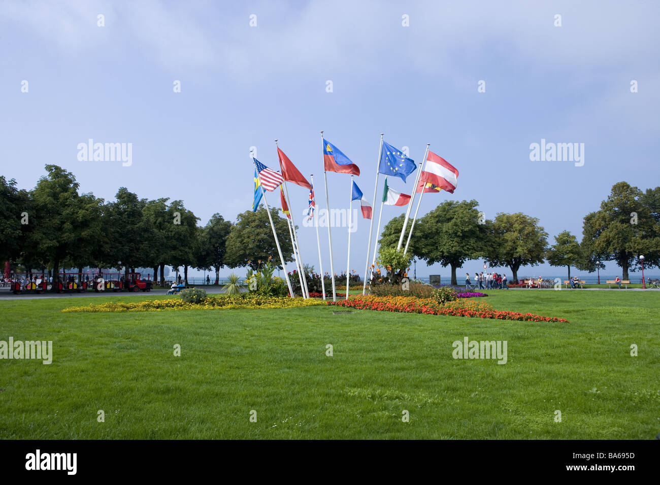 Austria Vorarlberg Lake Constance Bregenz sea-promenade park flags ...