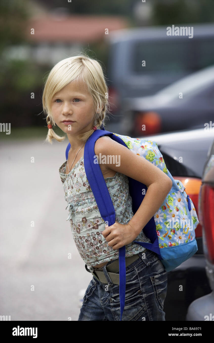 School-way girls carefully cars parks looks series people child ...
