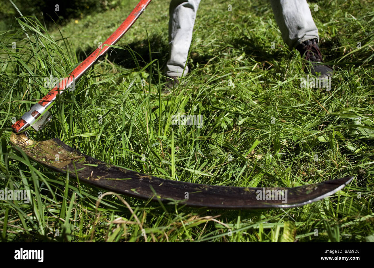Man detail legs scythe meadow mows mountain-meadow hillside ...