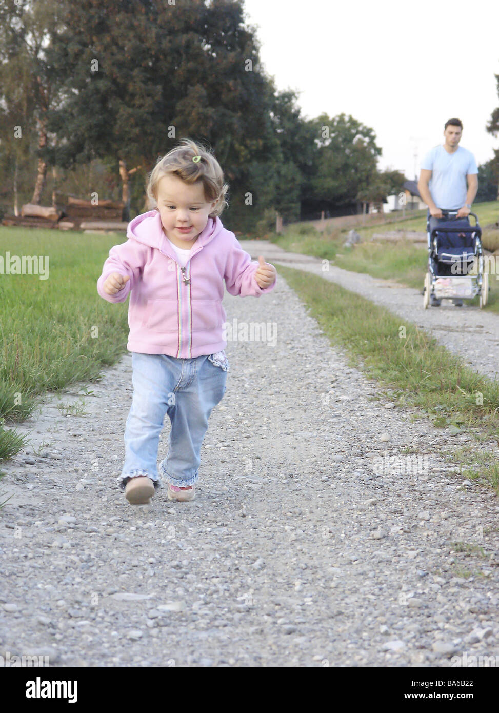 Forest-edge track father daughter walk series people man strollers ...