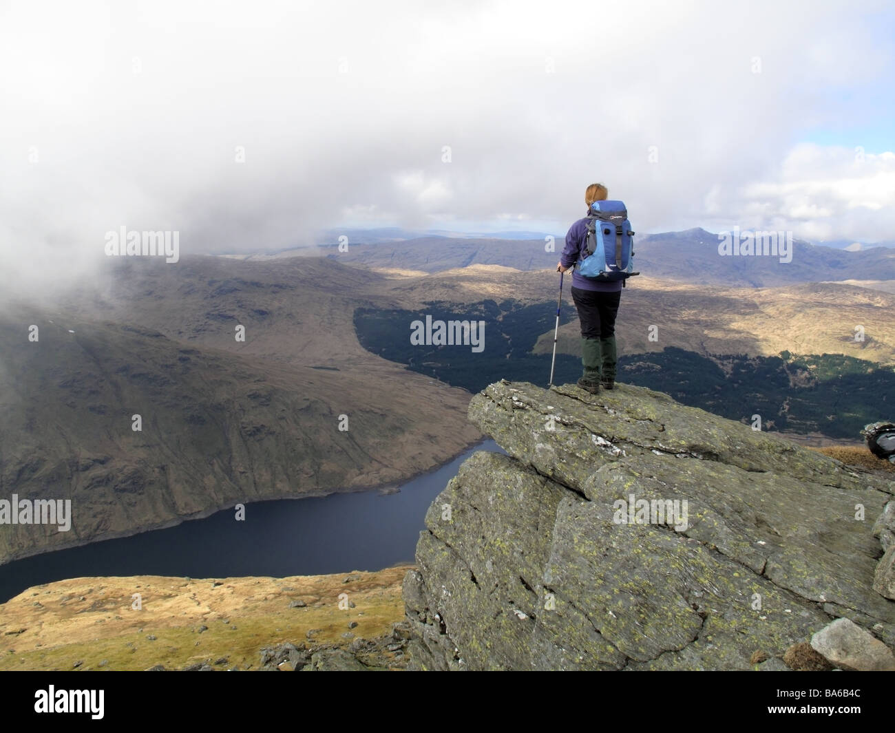 Female Walker and the View Over Loch Sloy from the Summit of Ben ...