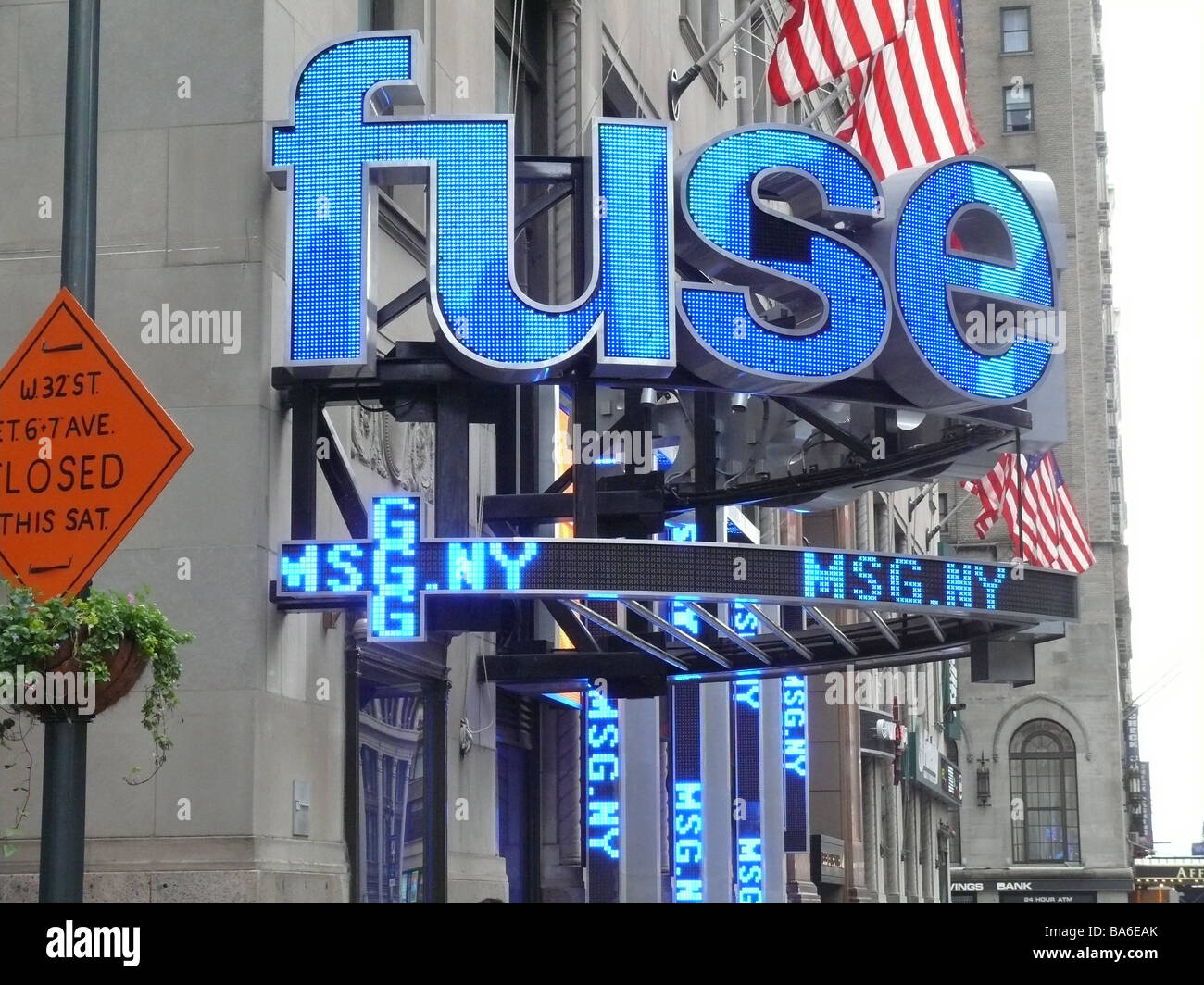 USA New York city facade neon lettering "fuse" blue America city ...
