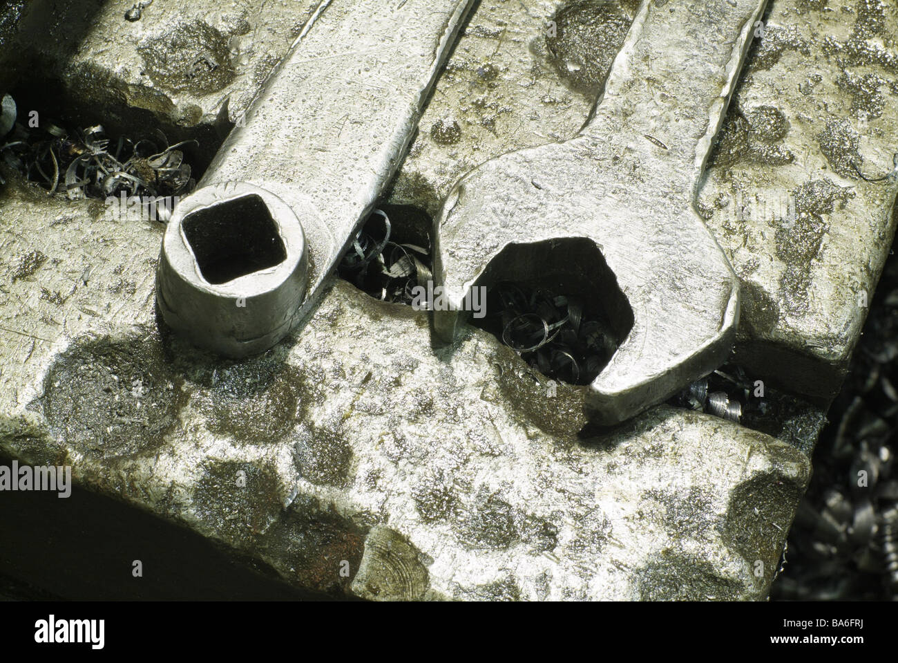 Workshop workbench tools fork-keys ring-keys metal-chips close-up work ...