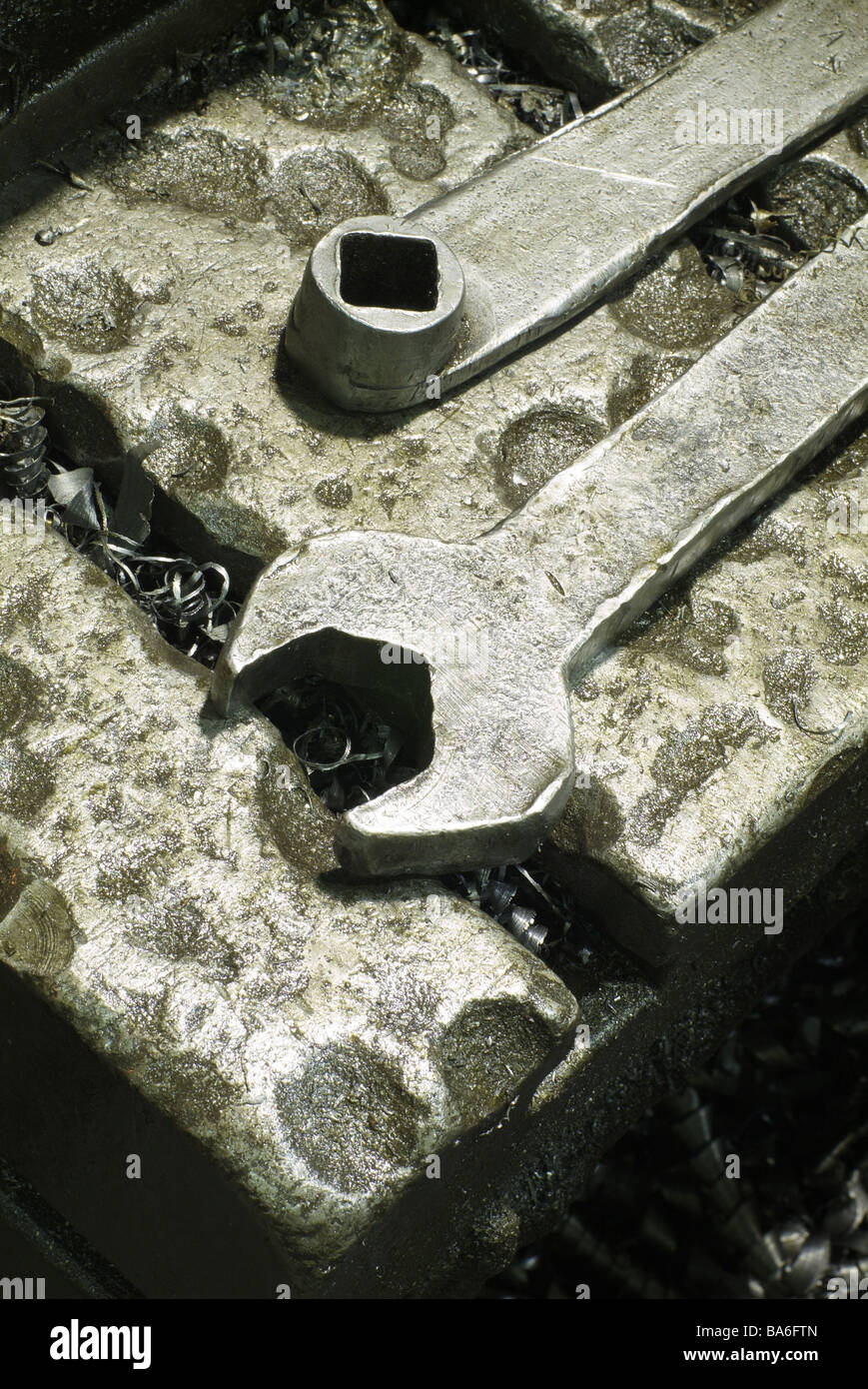 Workshop workbench tools fork-keys ring-keys metal-chips detail work ...