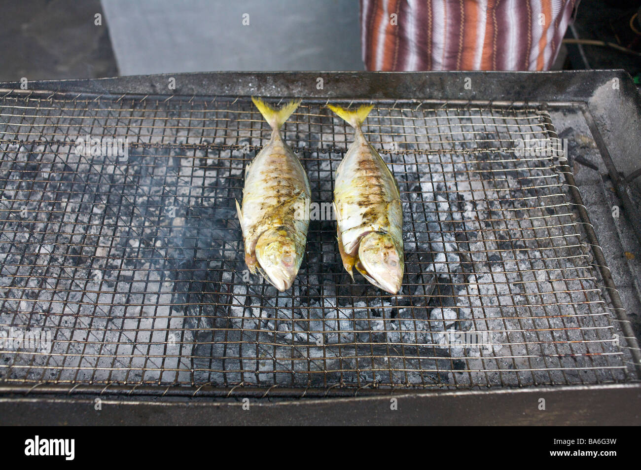 two fish frying on open grill Stock Photo - Alamy