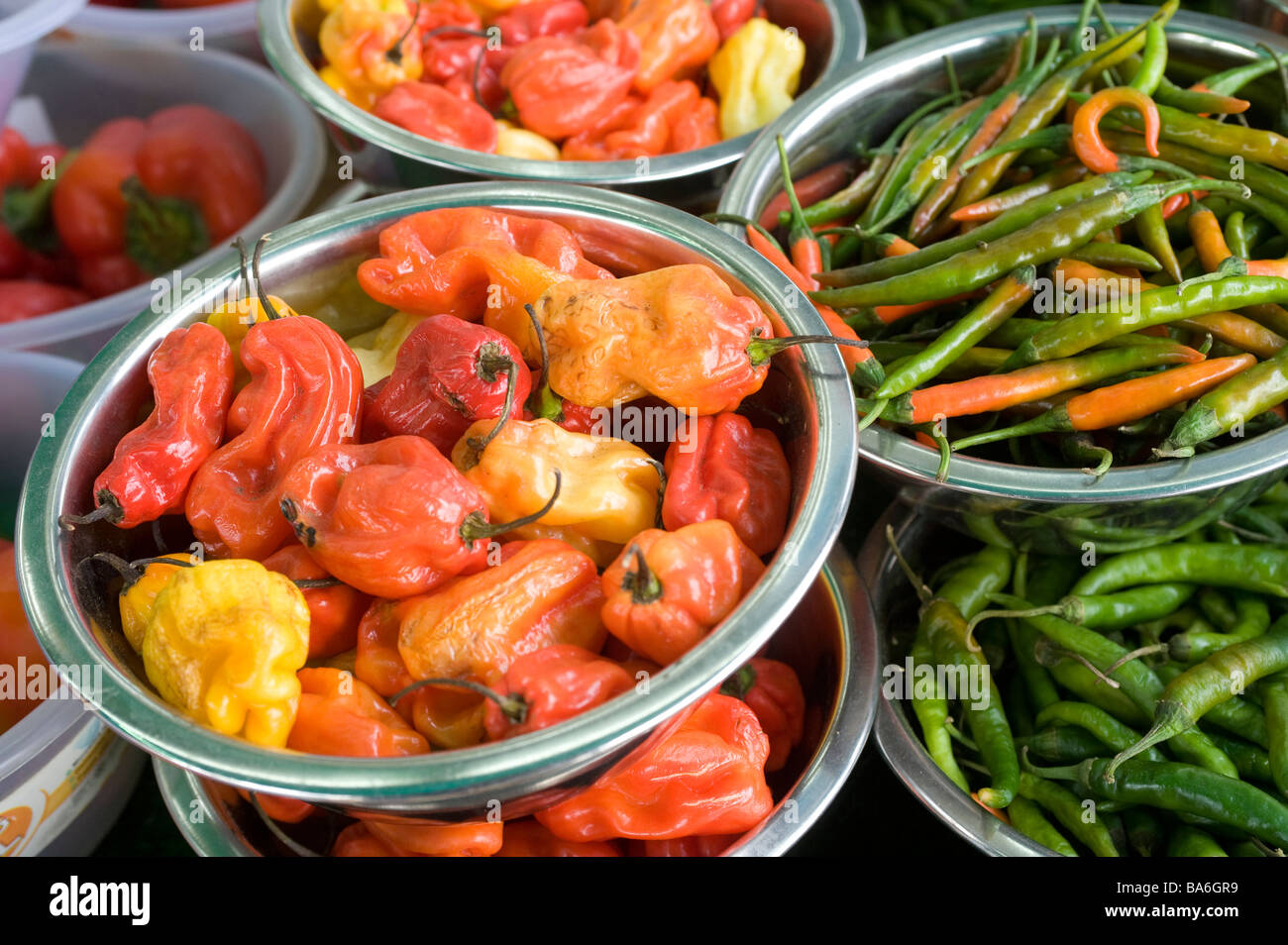 Variety of chillies and chilli peppers for sale on a market stall Stock ...