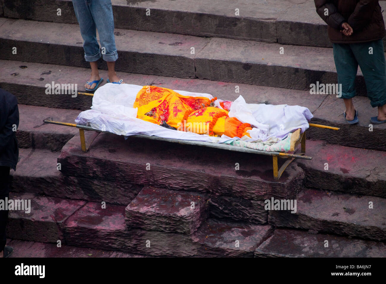 Human body ready to be burnt on cremation Ghats, Bagmati riverbank at ...