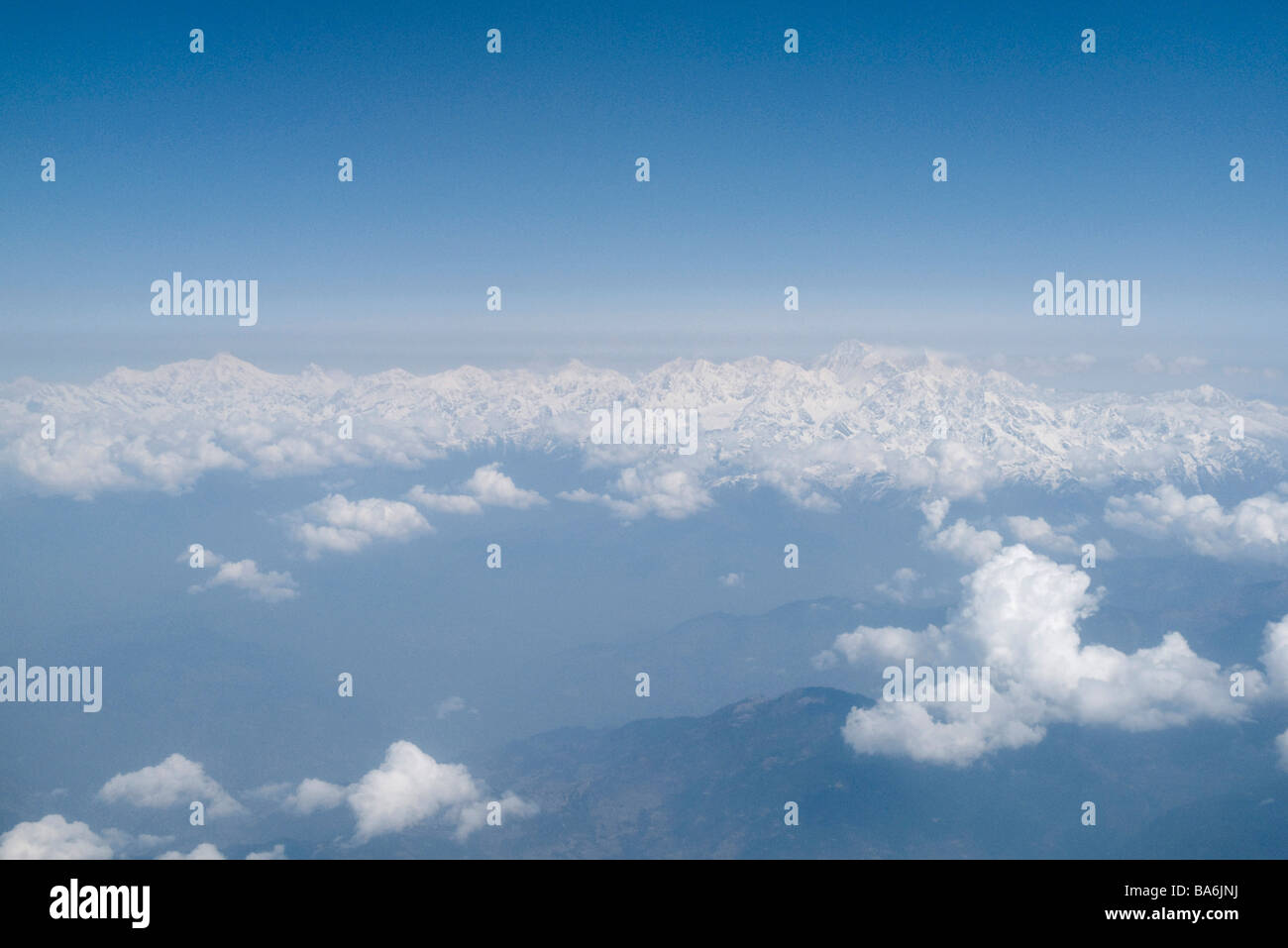 Mount Everest summit aerial view taken from aircraft Nepalese Himalayas ...