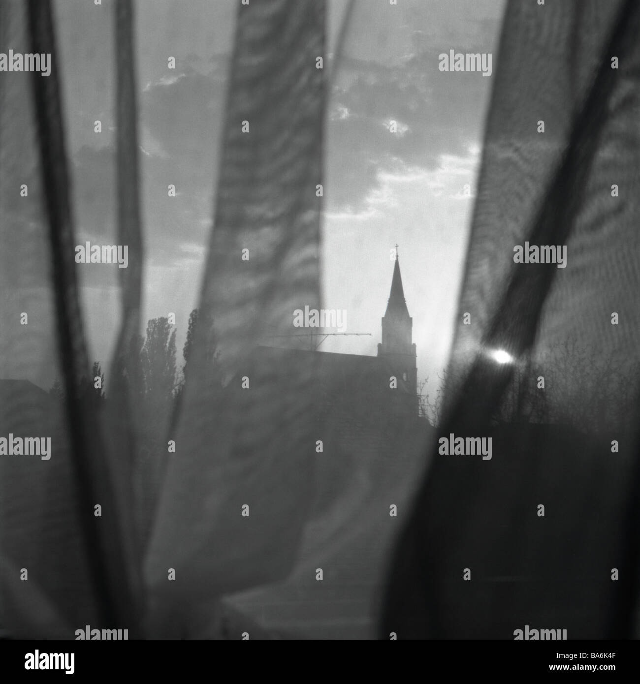 Windows curtains gaze church silhouette back light s/w Romania Ciacovar ...