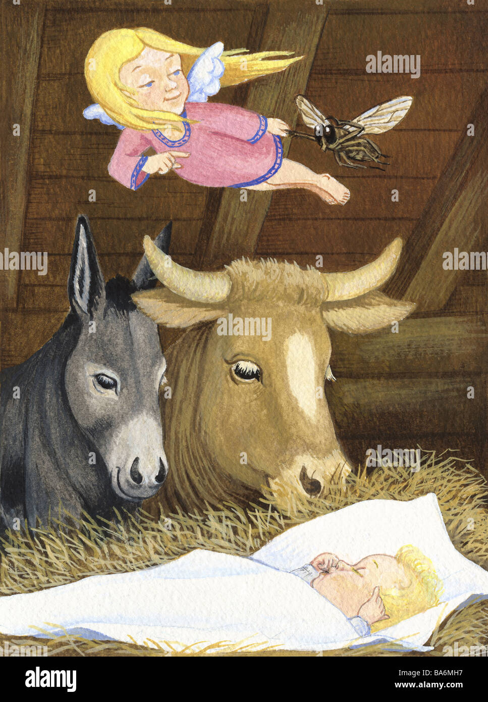 Illustration manger angels fly ox donkeys straw Jesus-child Christmas ...