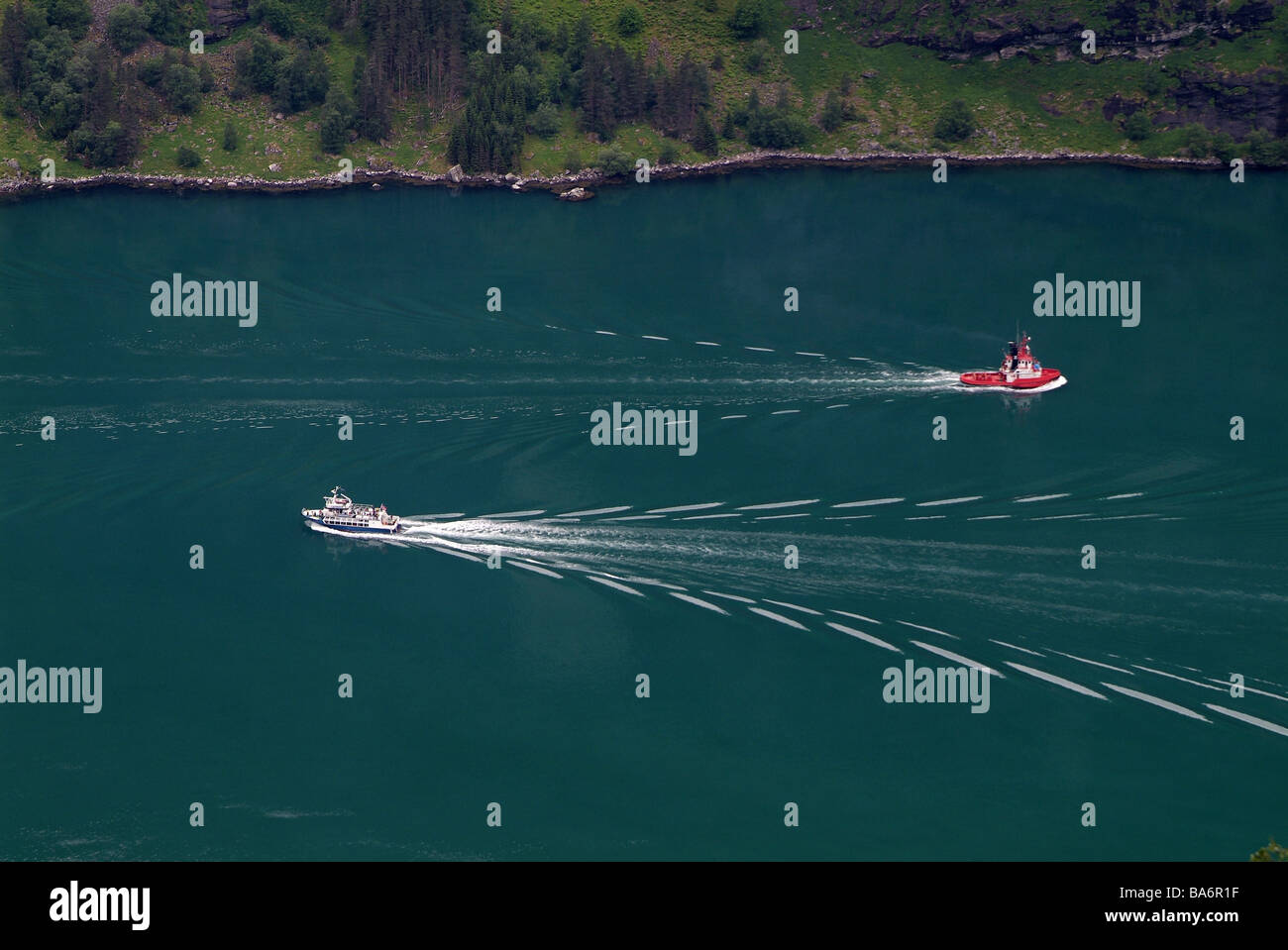 Norway More og Romsdal Geirangerfjord tractors ferry from above bow ...