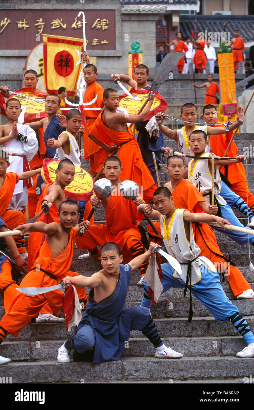 China, Henan province, Shaolin, Kung Fu students in front of the Wushu ...