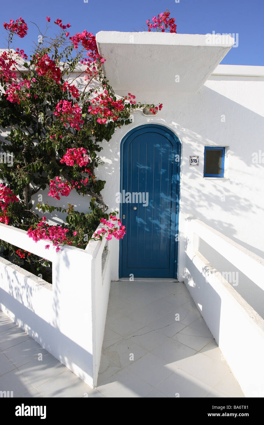 Greece island Rhodes residence facade knows detail entrance blue flower ...