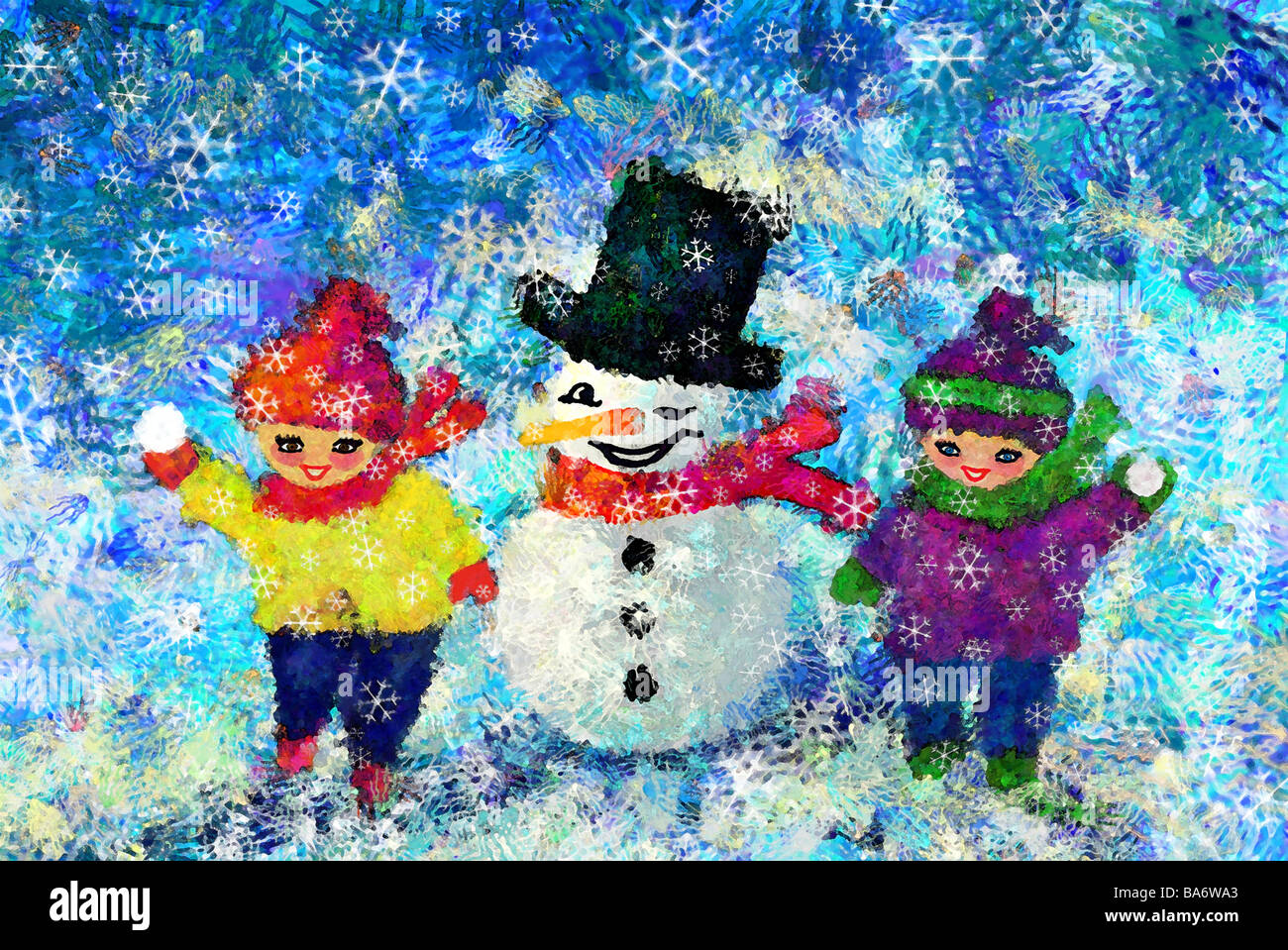 Illustration children cheerfully snowballs snowman wink snowflakes ...
