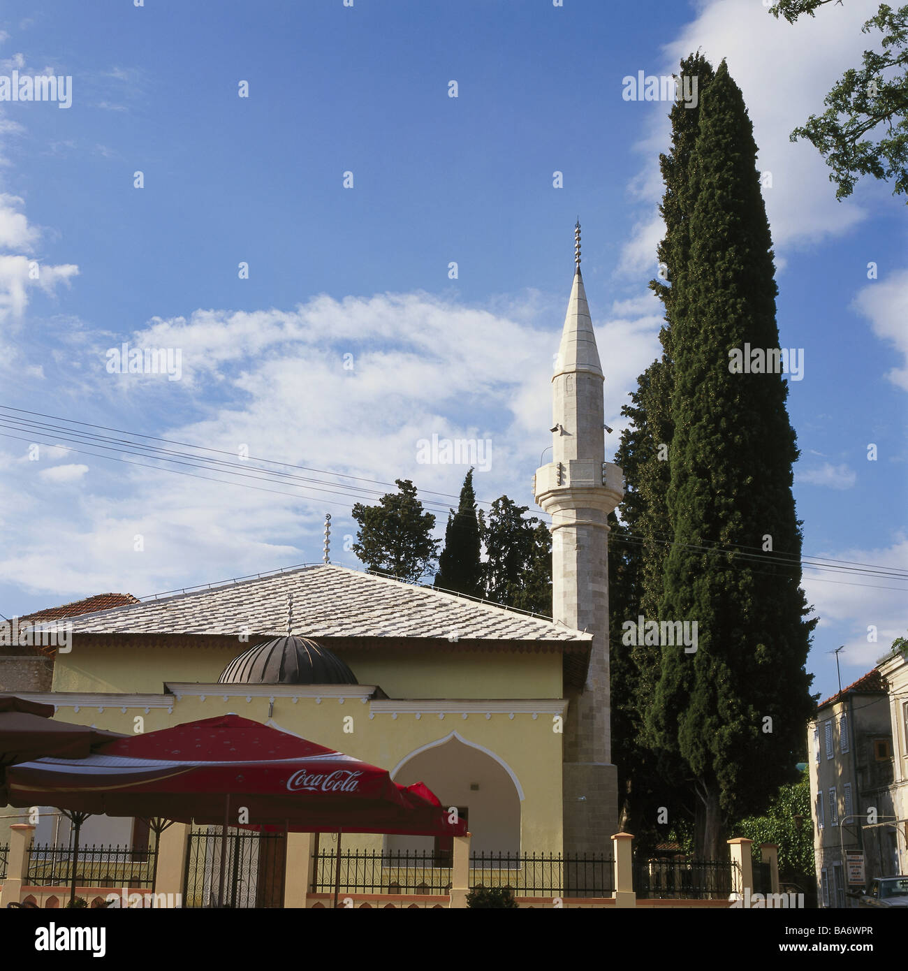 Bosnia and Hercegovina Trebinje mosque detail street-cafe Balkan ...