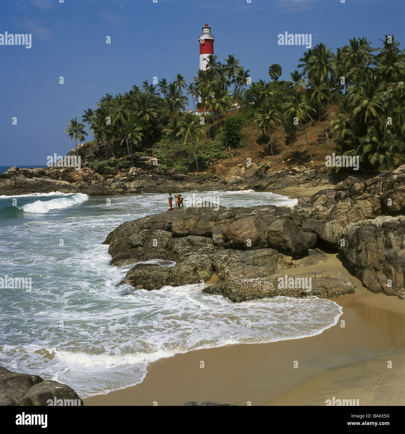 India Kerala Kovalam rock-coast lighthouse Asia coast-region coast ...