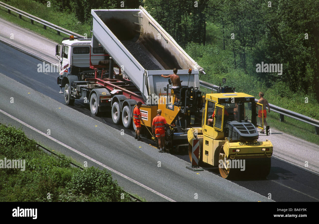 Highway roadway-renewal construction-machines workers from above no ...