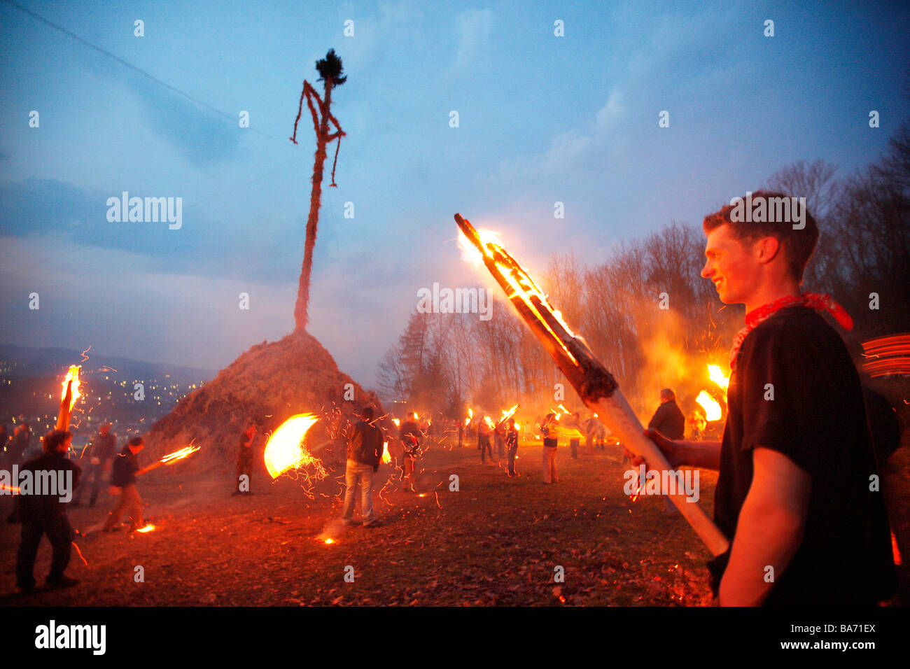 Traditional Easter fire on 7 hills around the city of Attendorn in the ...