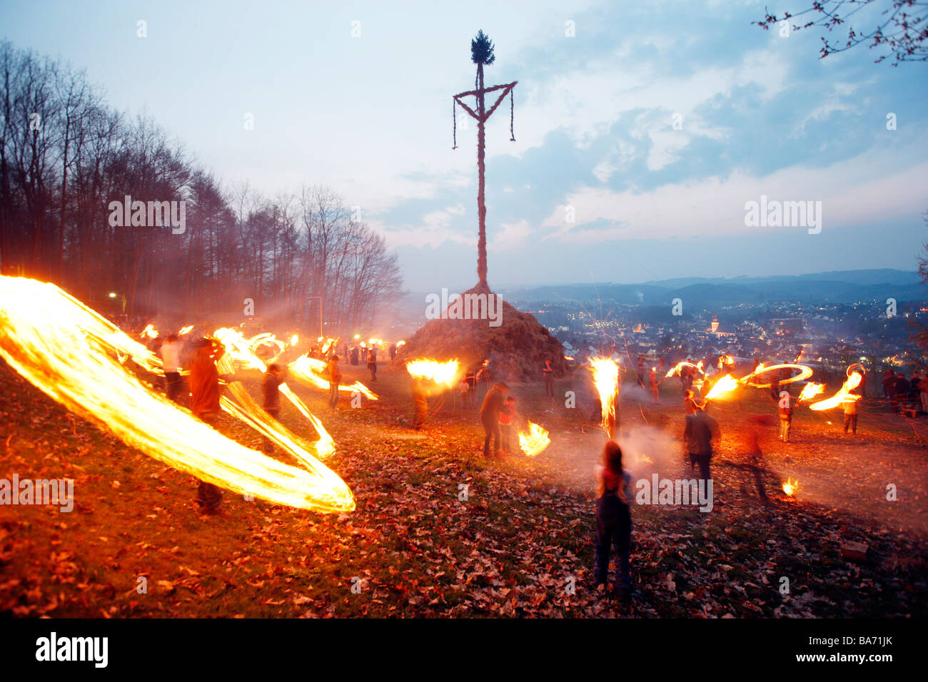 Traditional Easter fire on 7 hills around the city of Attendorn in the ...