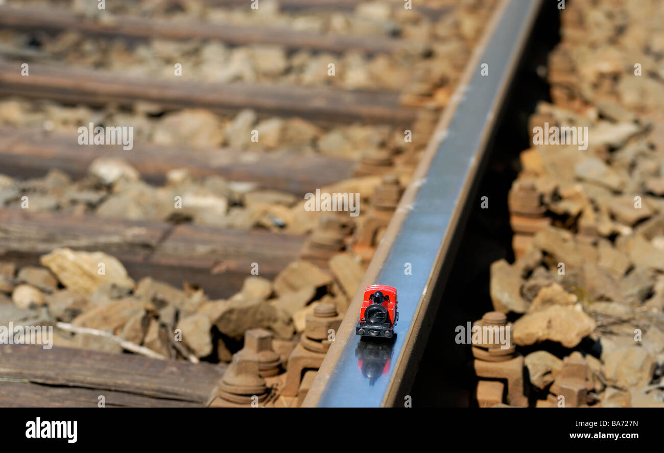 Steam locomotive engine, train model railway on real track outside ...